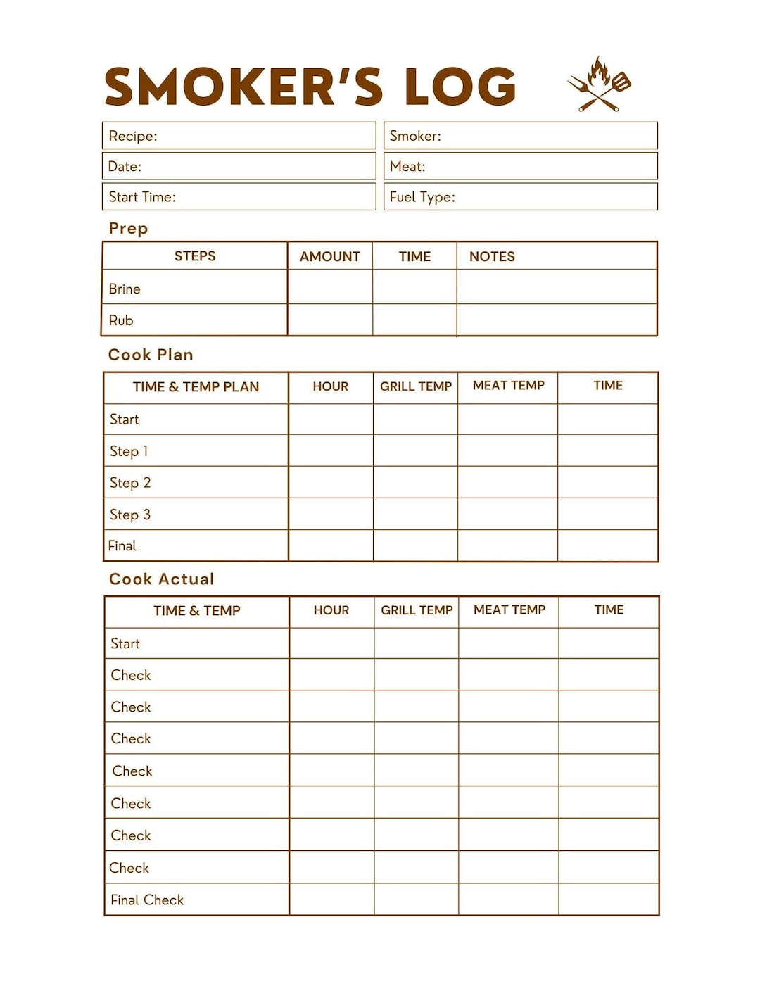 Printable Meat Smoking Log – BBQ Tracker for Temps, Timelines, and ...