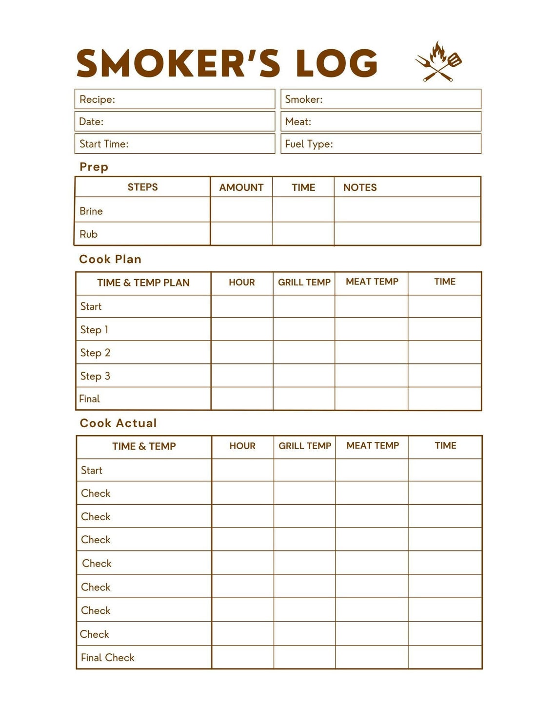 Printable Meat Smoking Log – BBQ Tracker for Temps, Timelines, and ...