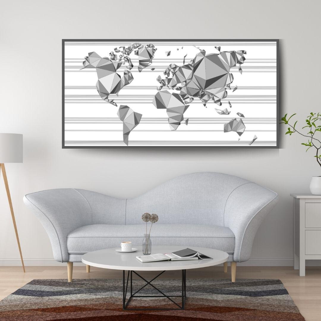 Minimalist Abstract World Map Art Grey & White Digital Wall Decor for ...