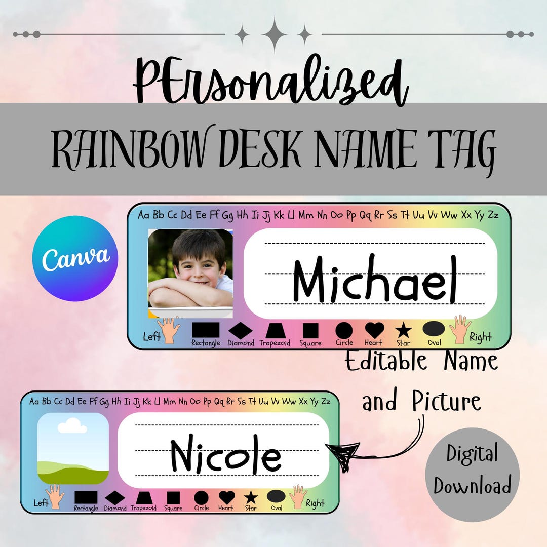 Rainbow Desk Name Tags: Editable Student Photo Template (canva ...