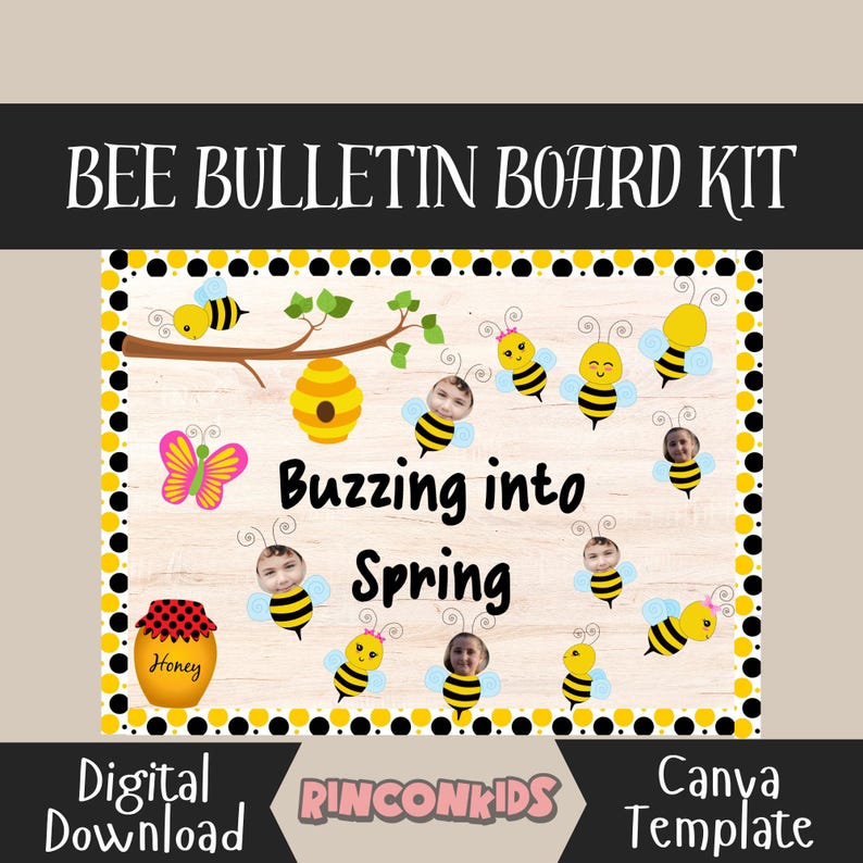 Bee Spring Bulletin Board Kit: Classroom Decor Canva Template (digital ...