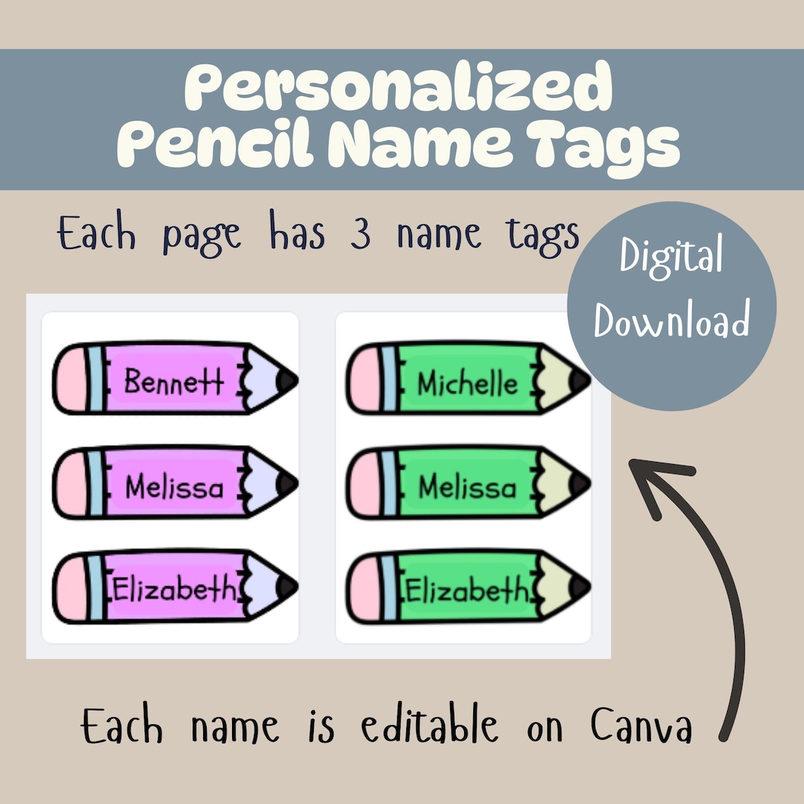 Editable Pencil Name Tags | Back to School Name Labels | Canva Template ...