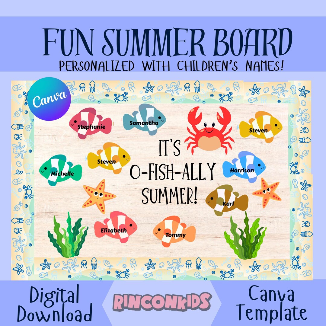 Personalized Ocean Summer Bulletin Board | Editable Canva Fish Name ...