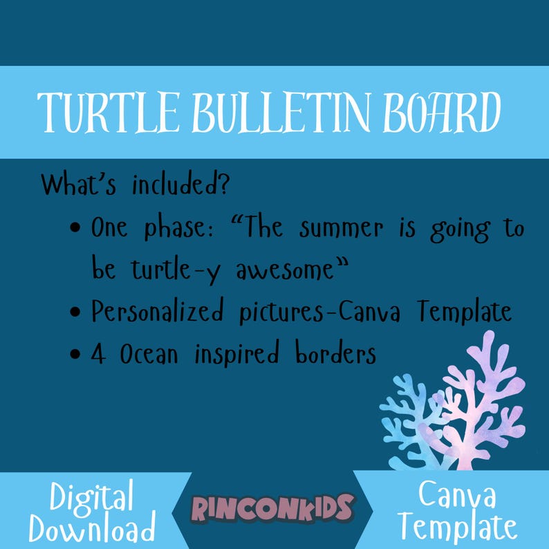 Turtle Bulletin Board: Summer Classroom Decor Canva Template (digital ...