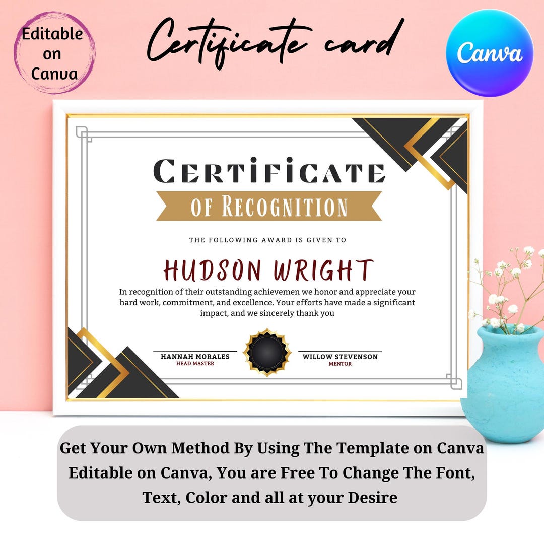 Recognition Template Award Certificate Editable Cert Customizable ...