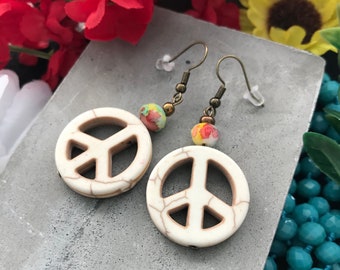 Medium Peace Sign Earrings in Turquoise Dyed Howlite Boho Hippy 70's ...