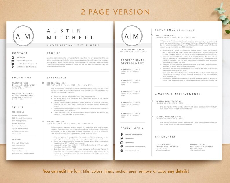 Professional Resume Template for Word, Pages | 1, 2 Pages | CV Template ...