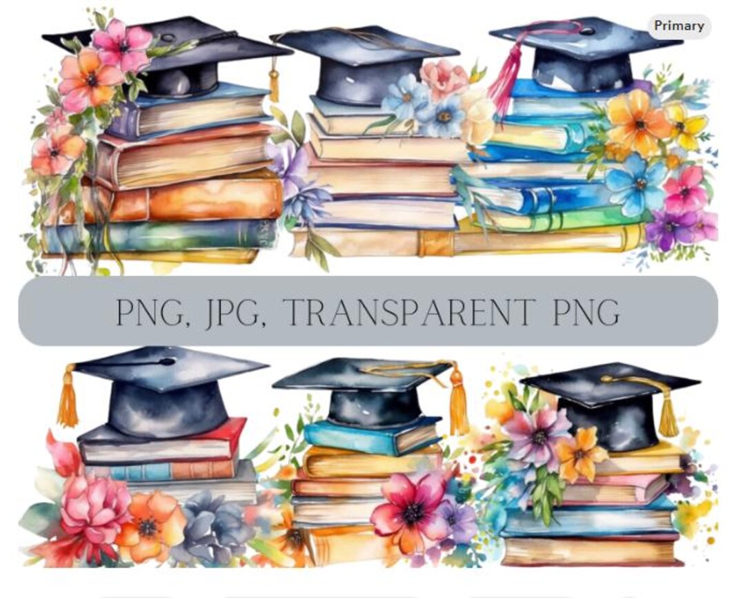 Graduation Cap, Watercolor College High School Book Stack Graduate ...