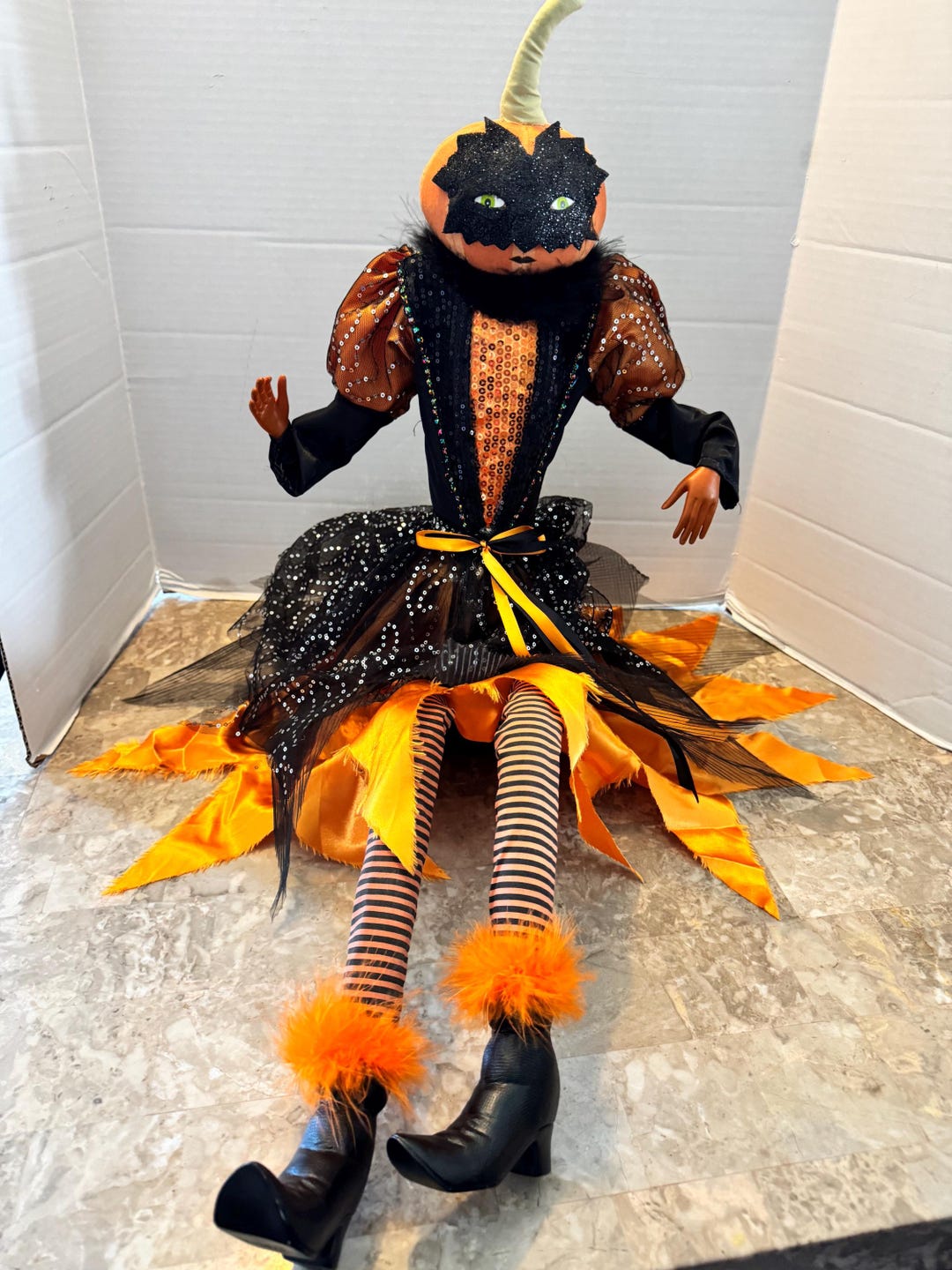 Vtg Mardi Gras Halloween Masked Pumpkin Head Witch Self Sitter Doll ...
