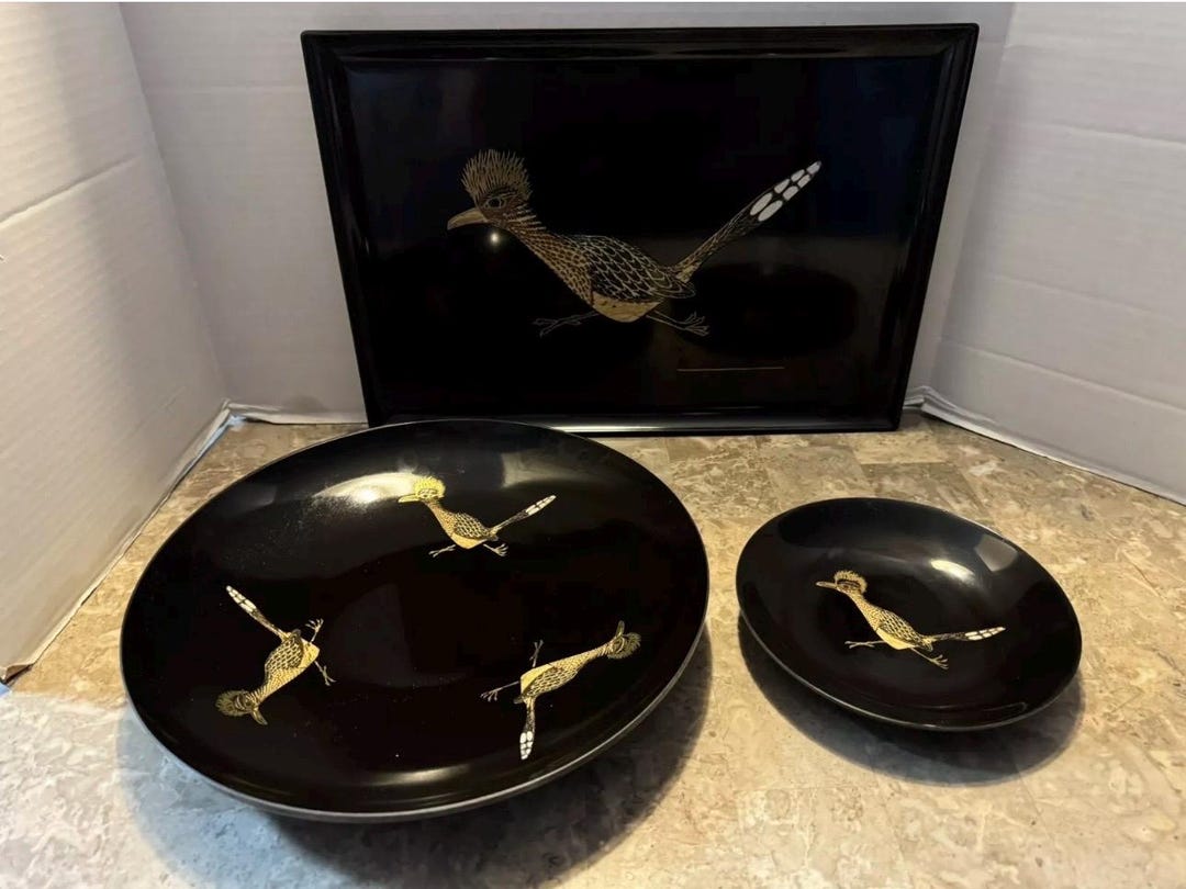 3pc Set Couroc of Monterey Roadrunner Bird MID CENTURY Inlaid Tray Bowl ...