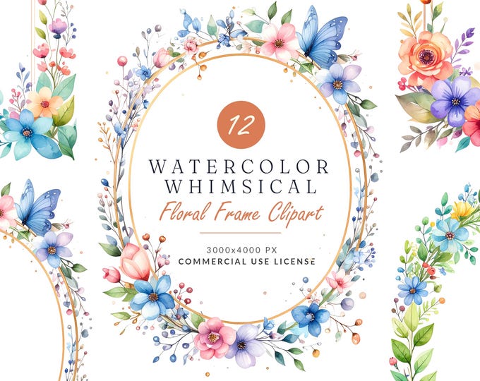 Whimsical Frame Clipart Set – 10 High-res Hand-drawn Jpgs – Watercolor ...