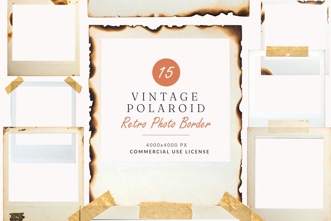 15 Vintage Polaroid Frame PNG Bundle, Burnt Photo Edges & Tape ...
