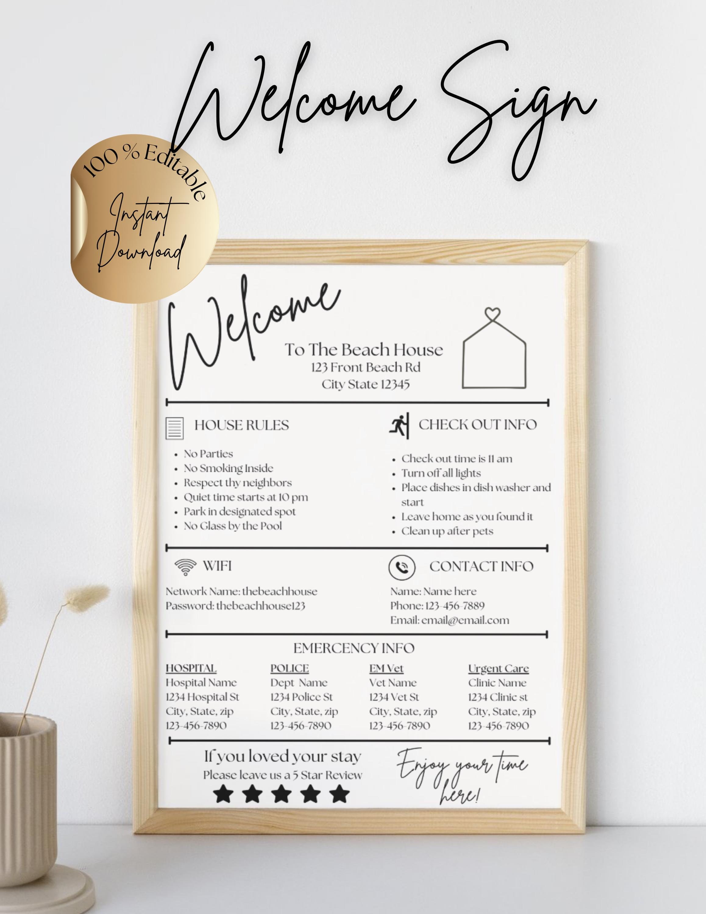 Editable Vacation Rental Welcome Sign, Airbnb House Rules Template ...
