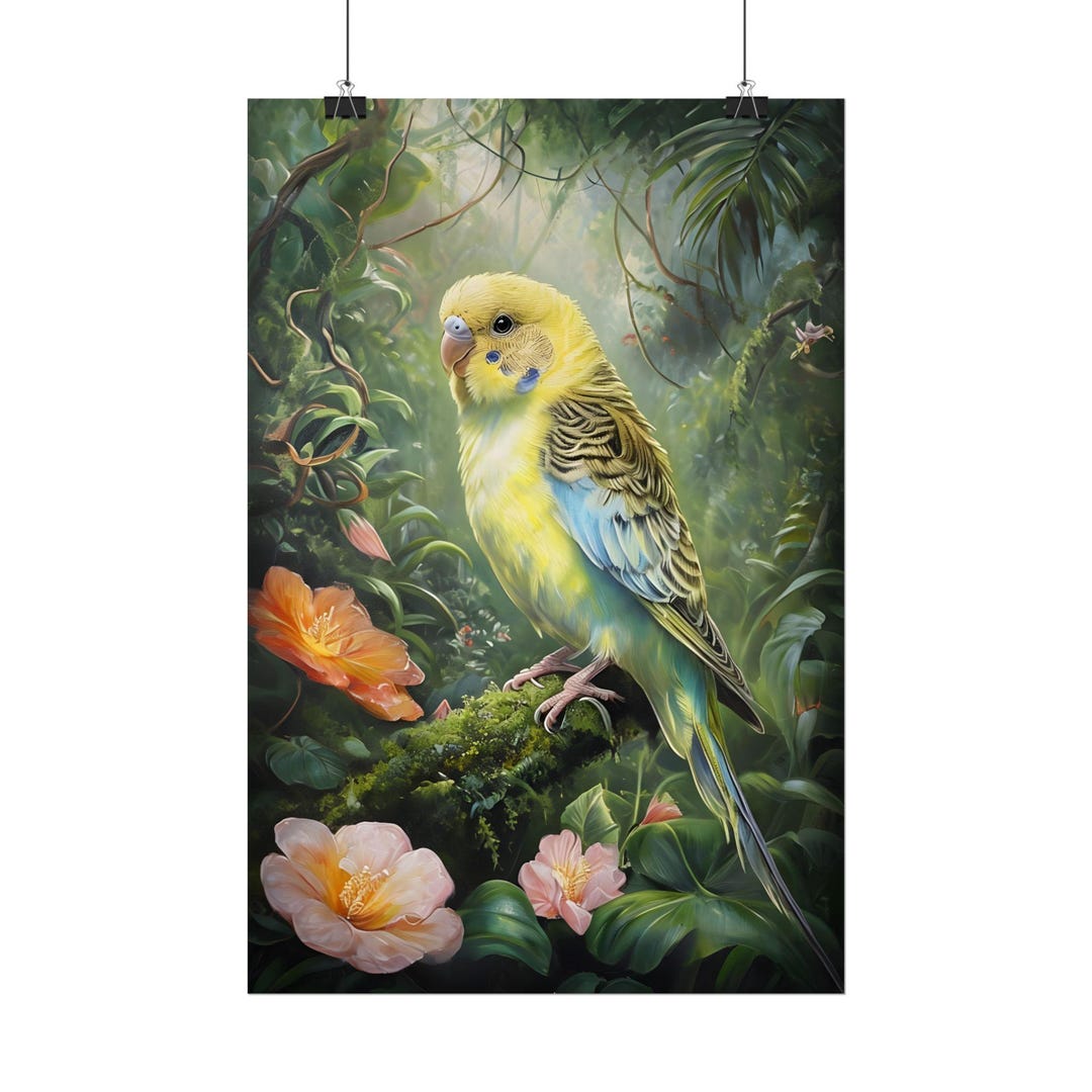 Budgie Bird Rolled Posters, Yellow Budgie Print, Mossy Branch Wall Art ...