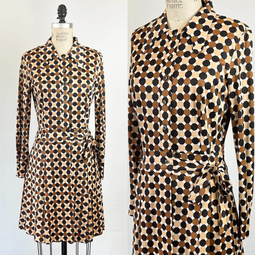 Vintage Late 60s Early 70s Mod Mini Dress Brown Geometric Print Nylon ...