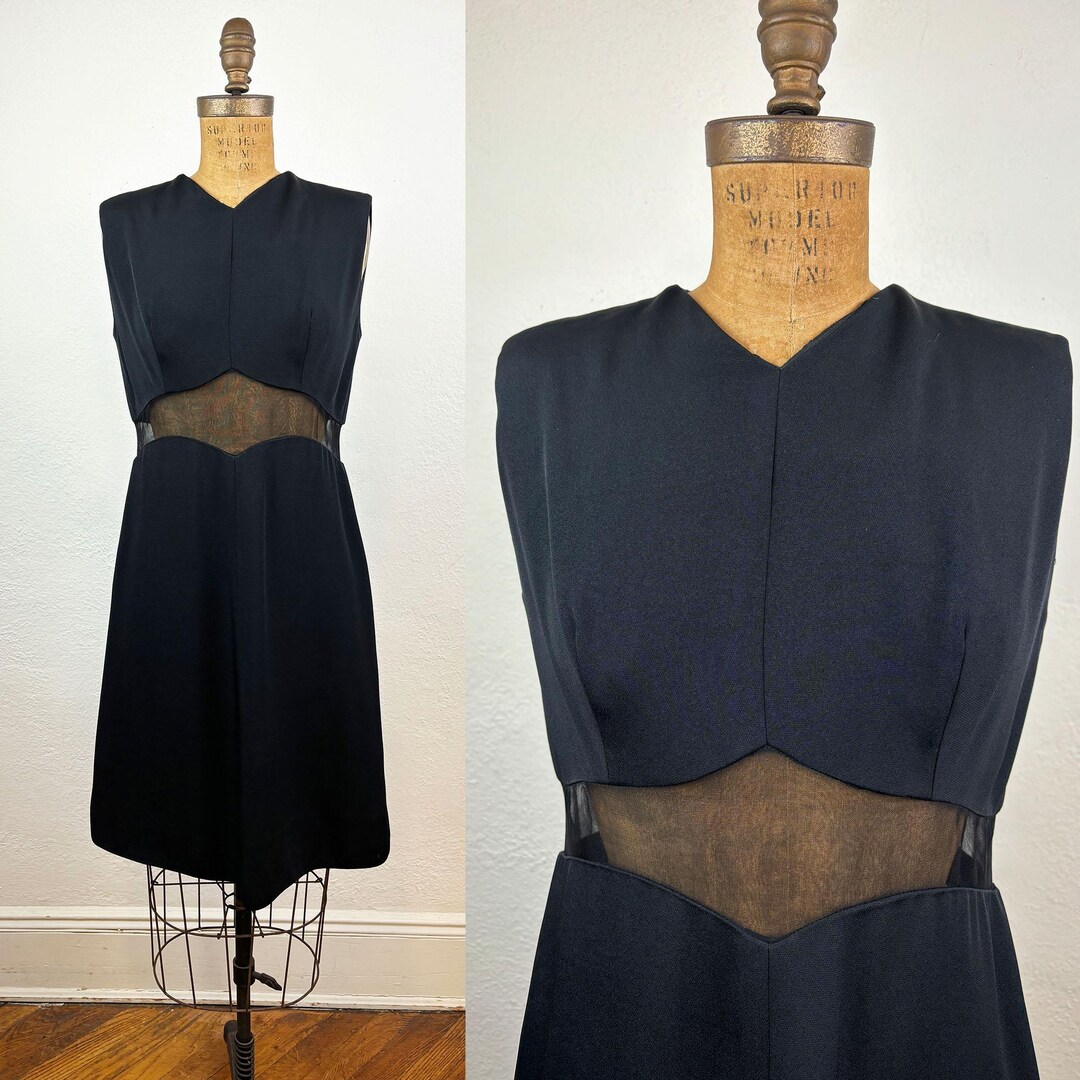 Vintage 1960s Mod Little Black Dress Illusion Midriff Panel A Line/ 60s ...