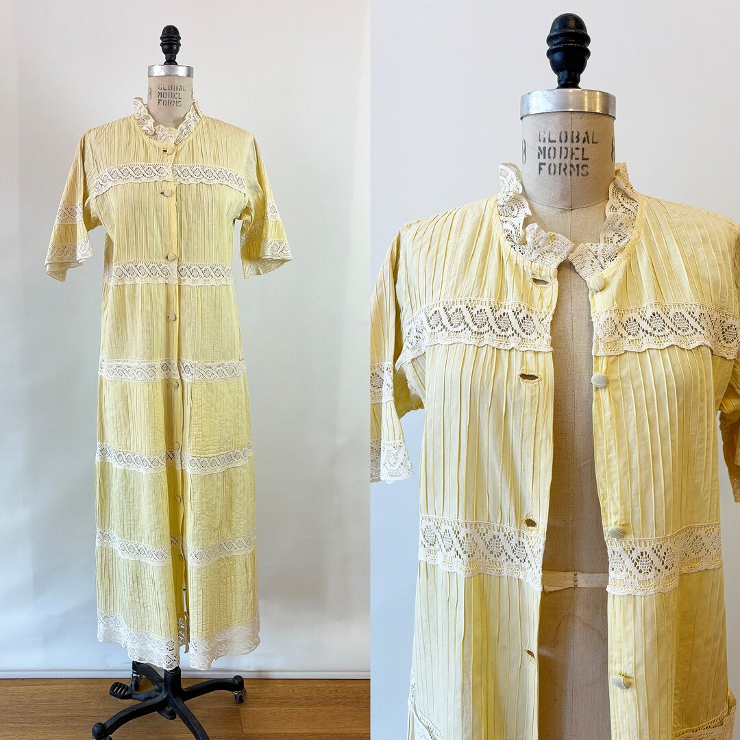 Vintage 1960s or 70s Buttercup Yellow Mexican Pintucked Cotton Duster ...