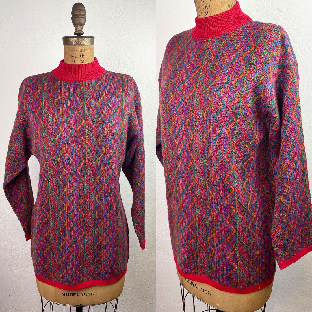 Vintage 1980s Kenzo Paris Patterned Knit Red Multi Pullover Mock Neck ...