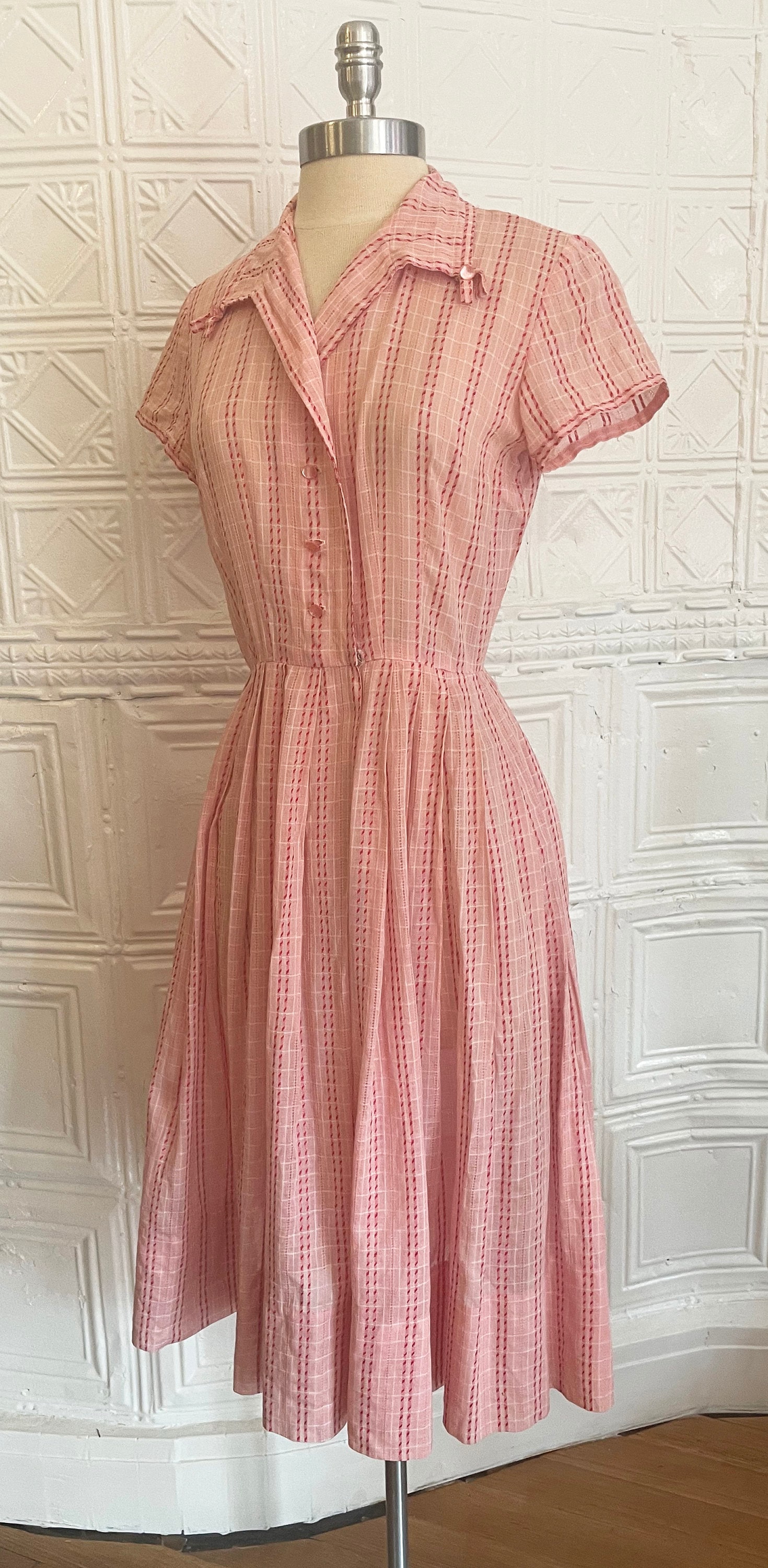 Vintage 1950s Pink Cotton Dimity Shirtwaist Dress/ Sweet 50s Fit and ...