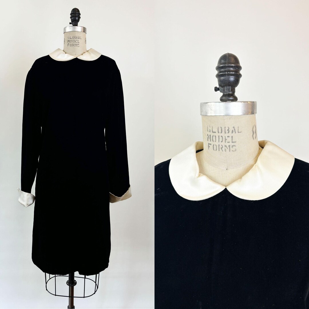 Vintage 1980s Does 1960s Black Velvet Party Dress With White Satin ...