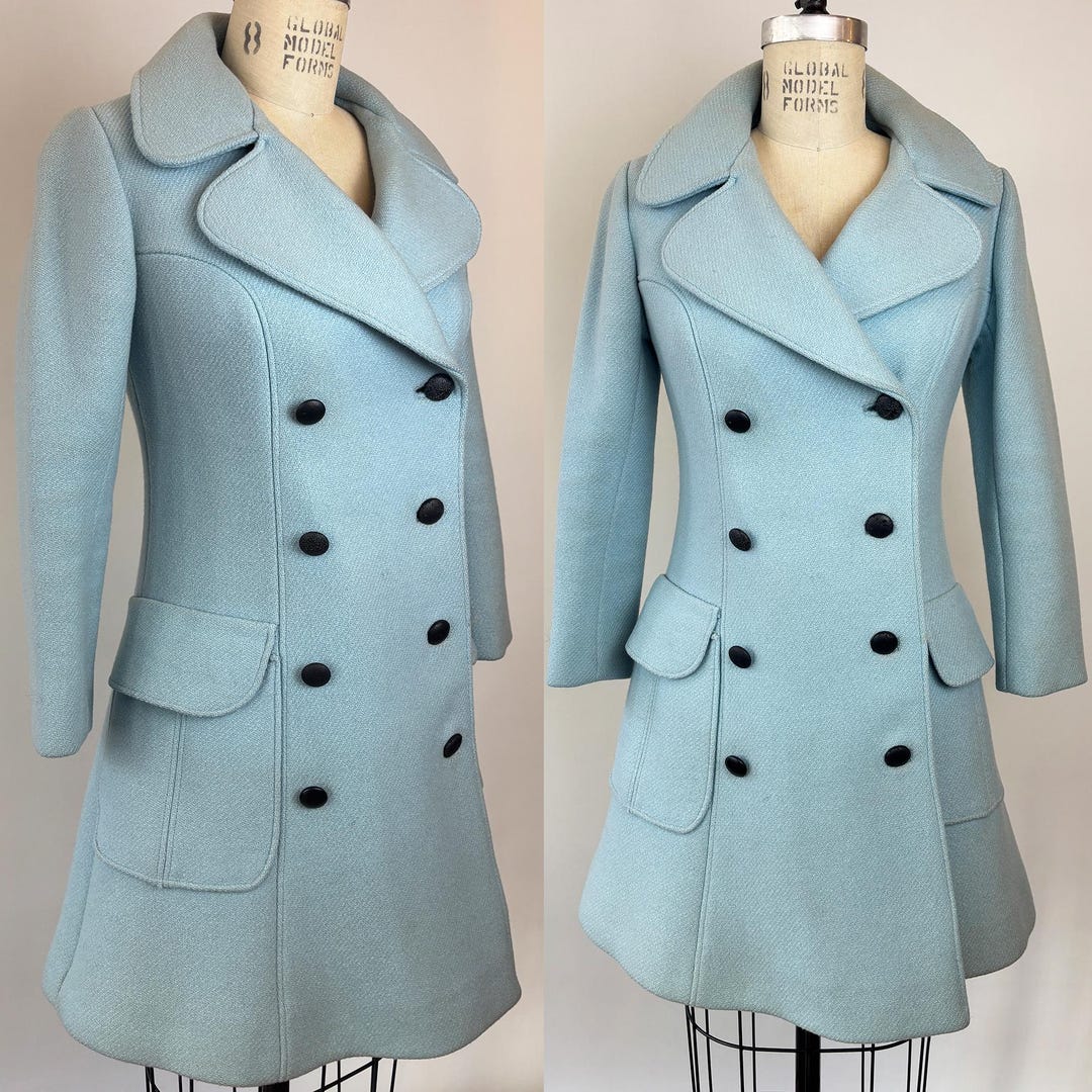 Vintage 60s 70s Pale Powder Blue Wool A Line Double Breasted Mini ...