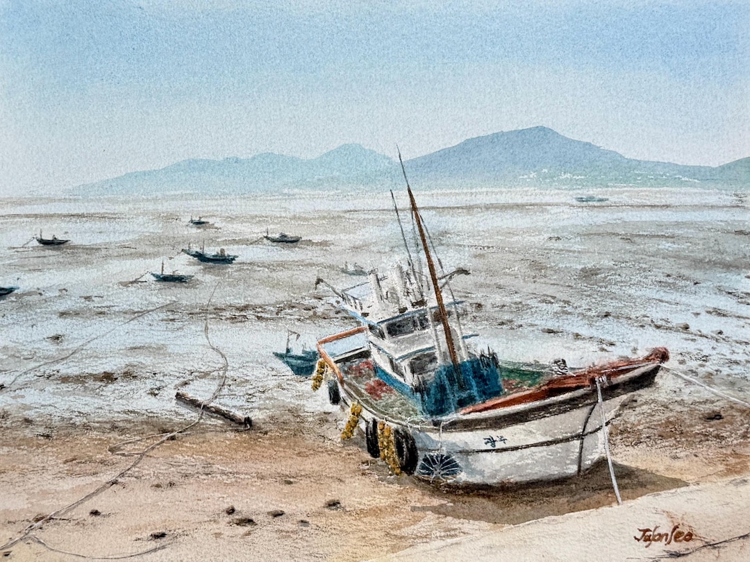 Original Watercolor Painting: Resting Tides of Incheon, Korea 인천 바닷가의 ...
