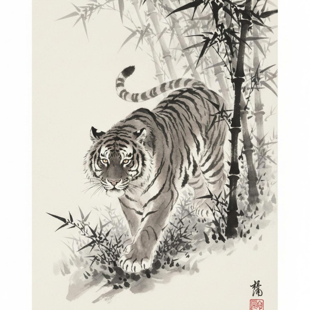 Tiger Bamboo Forest Print | Japanese Sumi-e Ink Painting (11x14 Digital ...