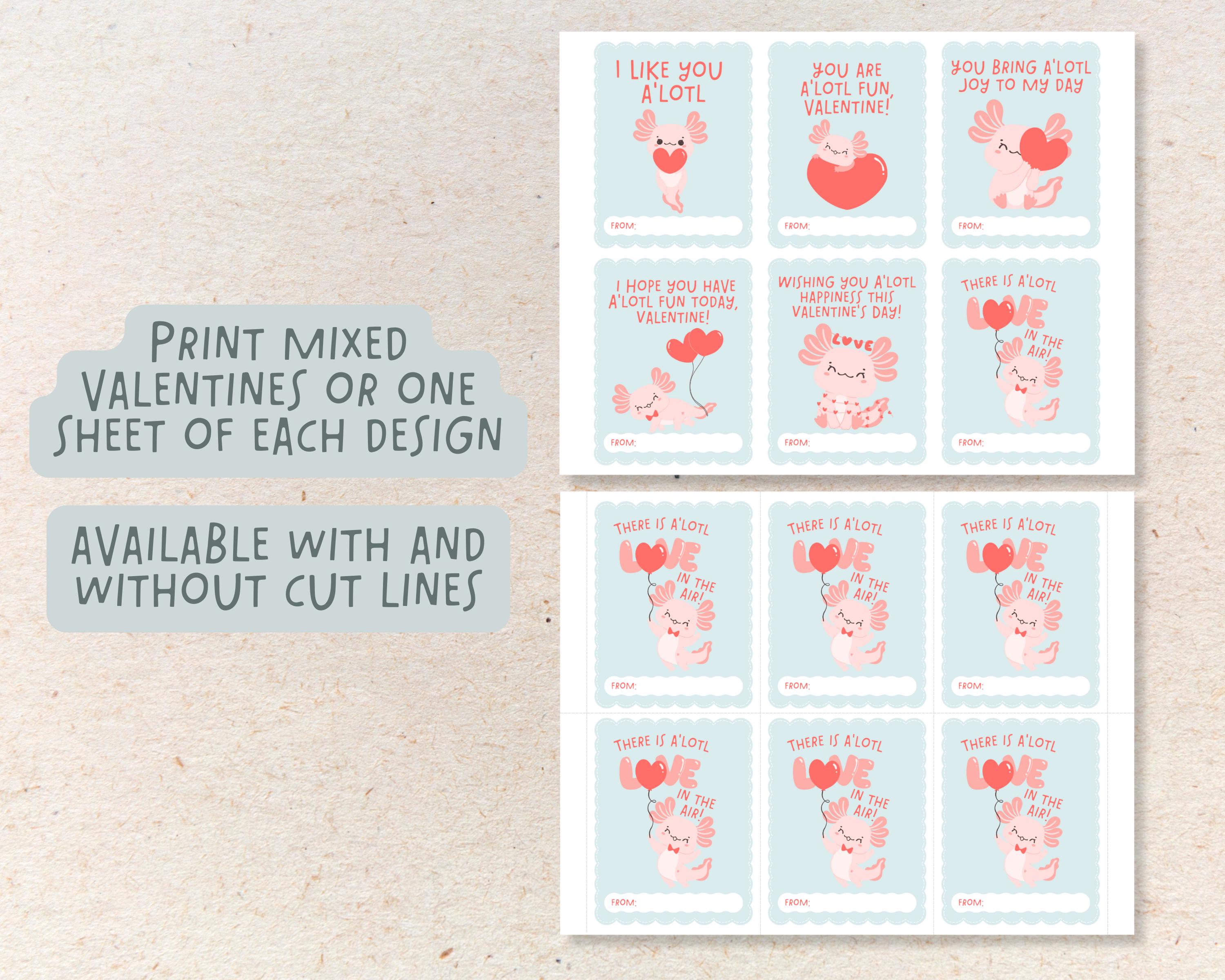 Printable Axolotl Valentines for Kids, A'lotl Fun Valentine Cards, Cute ...