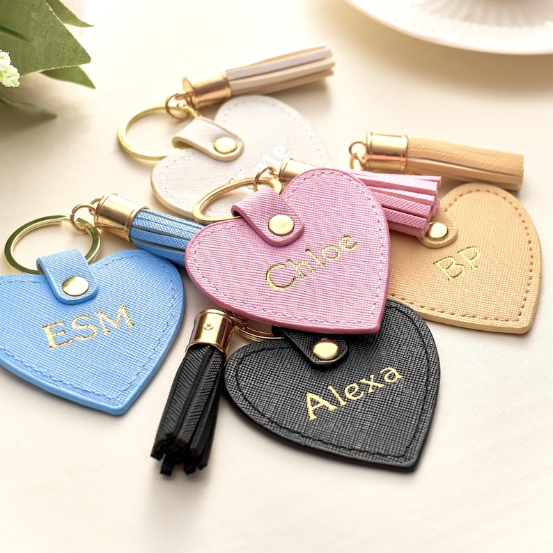 Personalised Monogram Leather Keychain, Heart Leather Heart Embossed ...