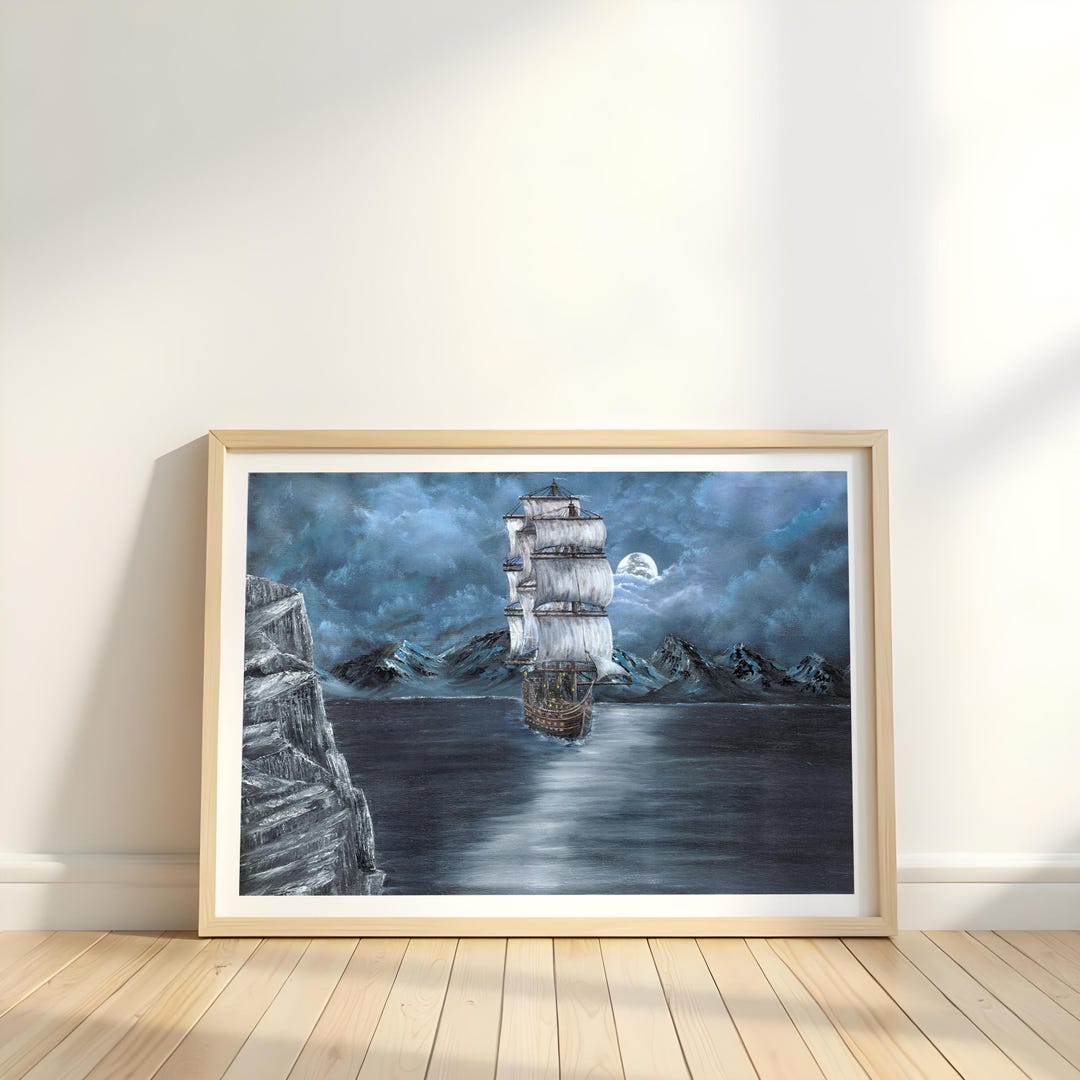 Mystic Ship at Sea | Hand Painted Vintage Art Print, Canvas, Poster ...