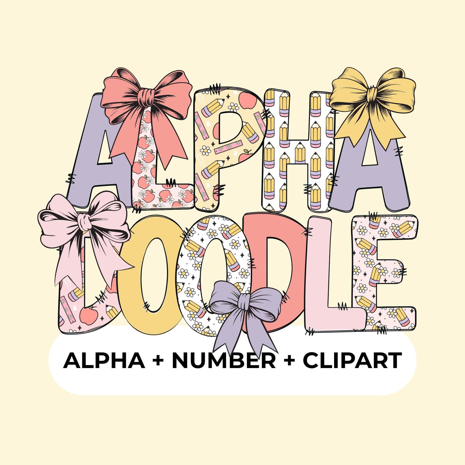 School Doodle Alphabet Clipart Bundle: Back to School Pngs, Bow Accents ...