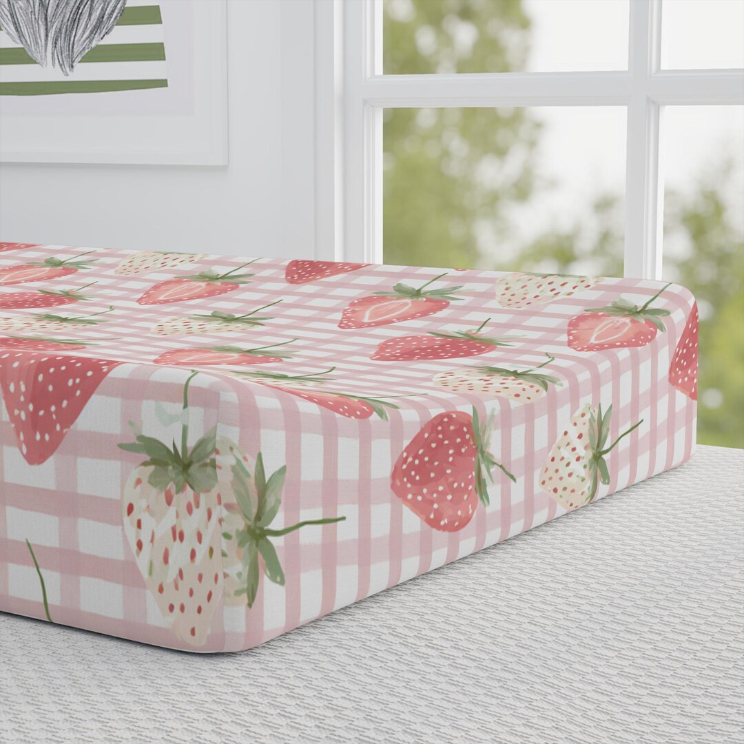 Strawberry Gingham Baby Changing Pad Cover, Cute Nursery Decor, Baby ...