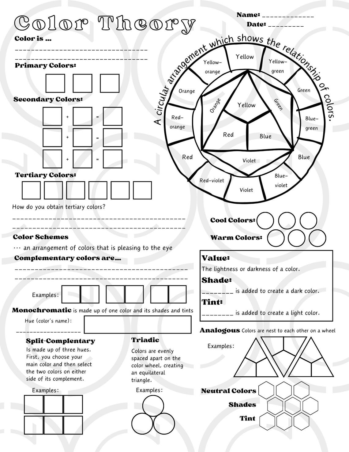 Color Theory Worksheet: Blank Color Wheel, Digital Coloring Page (PDF ...