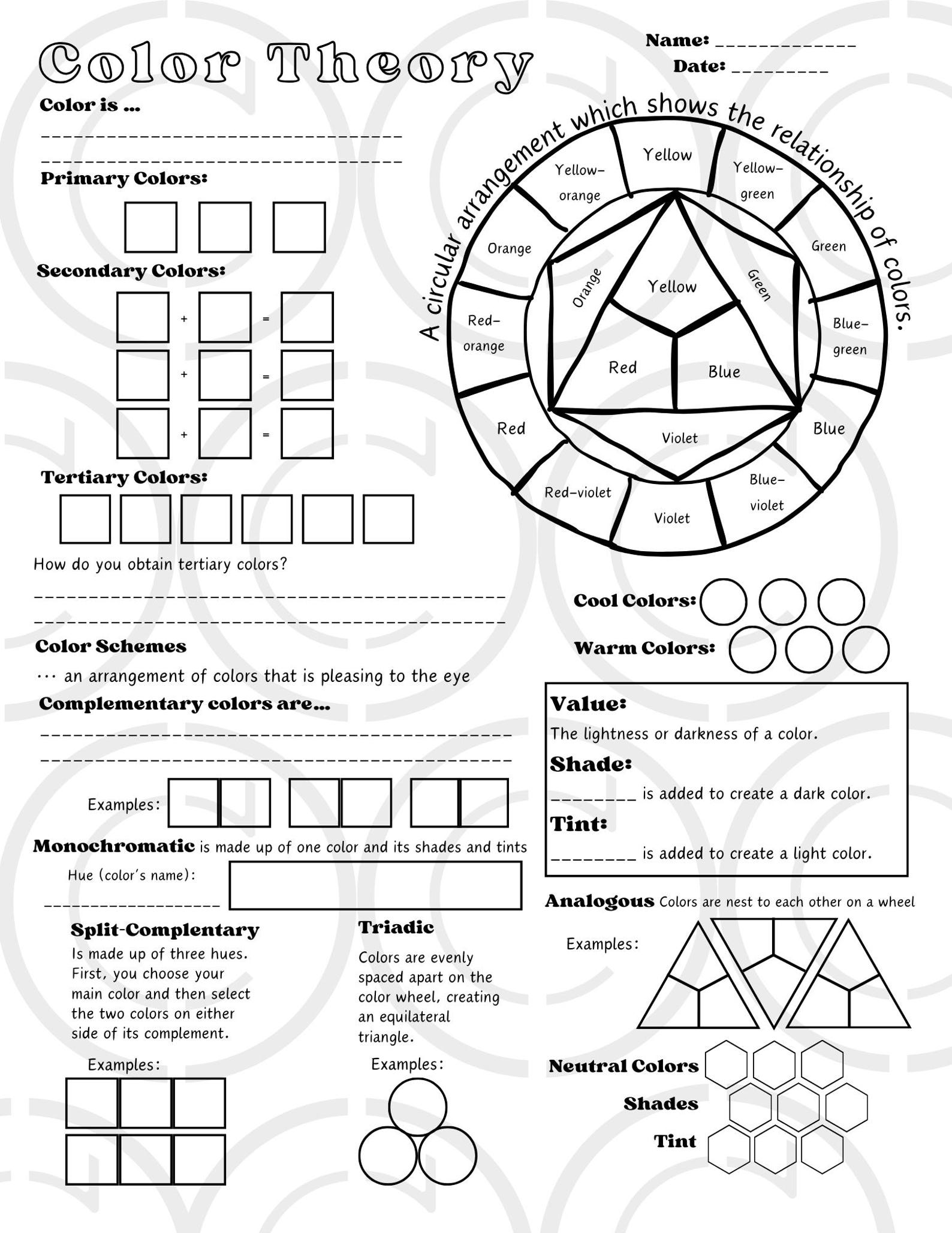 Color Theory Worksheet: Blank Color Wheel, Digital Coloring Page (PDF ...