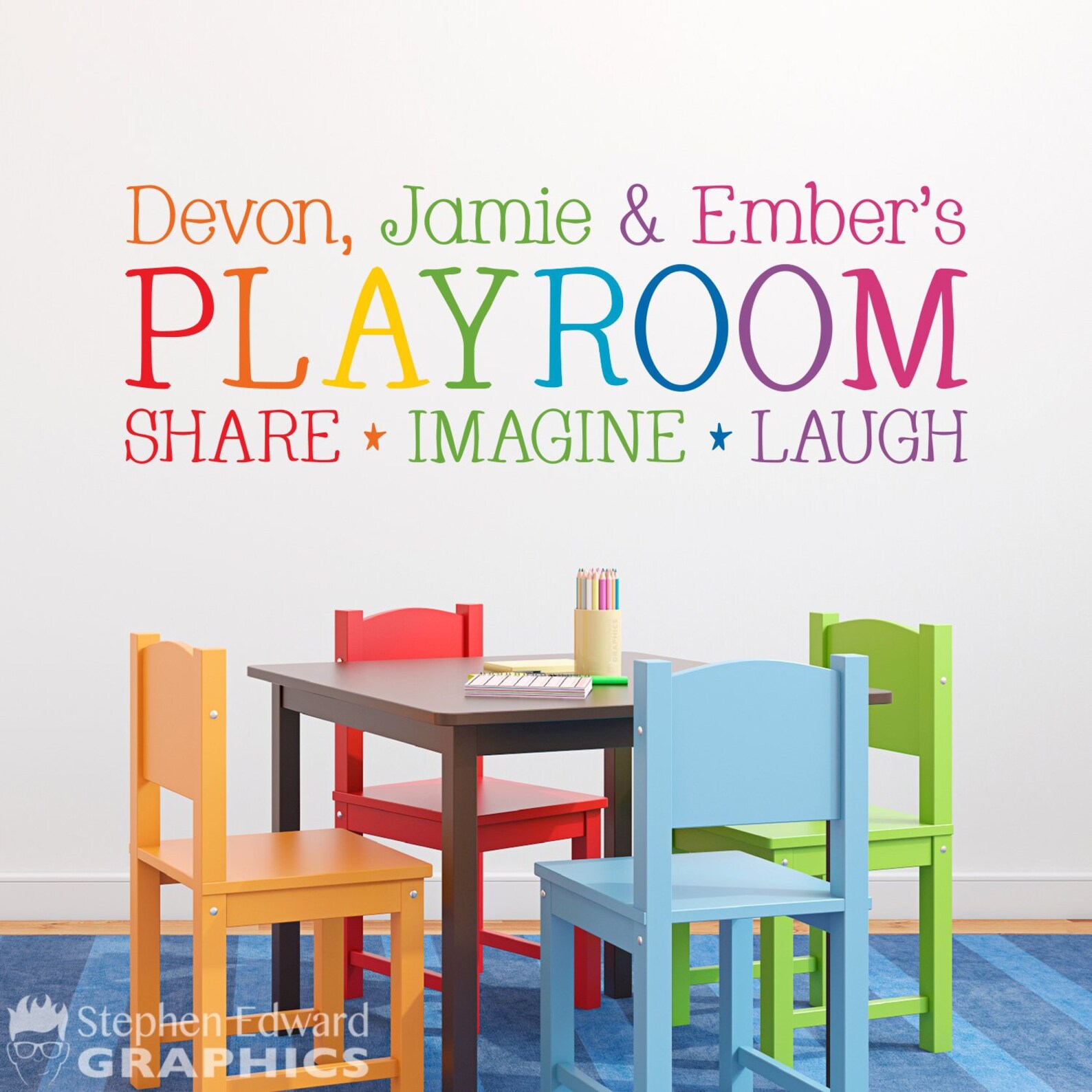 Personalized Playroom Share Imagine Laugh Decal in Rainbow Colors Kid ...