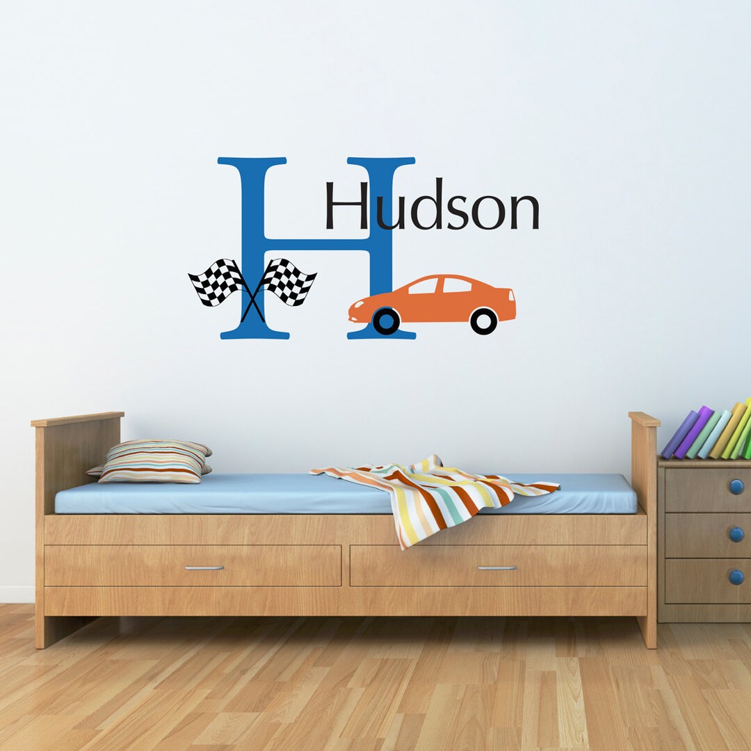 Boy Race Car Wall Decal Set Personalized Name and Initial Decal Racing ...