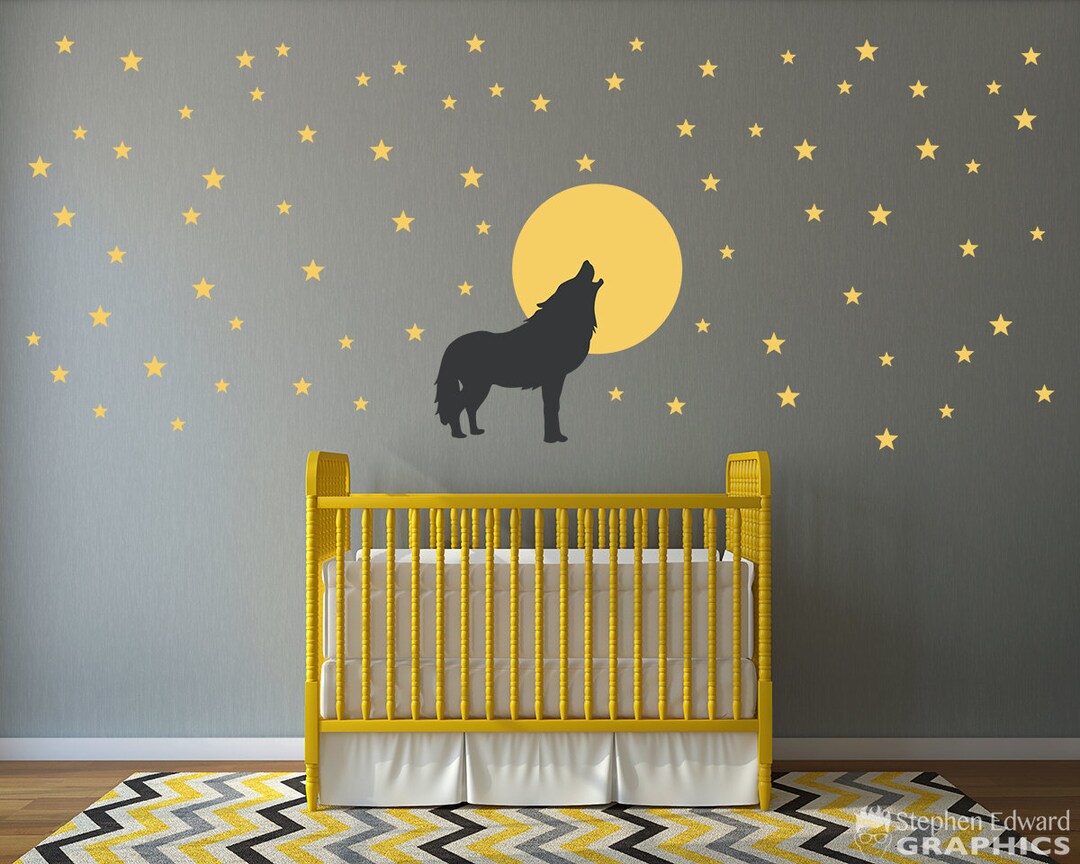 Wolf Howling at the Moon With Stars Wall Decal Set 74 Star Decals Moon ...