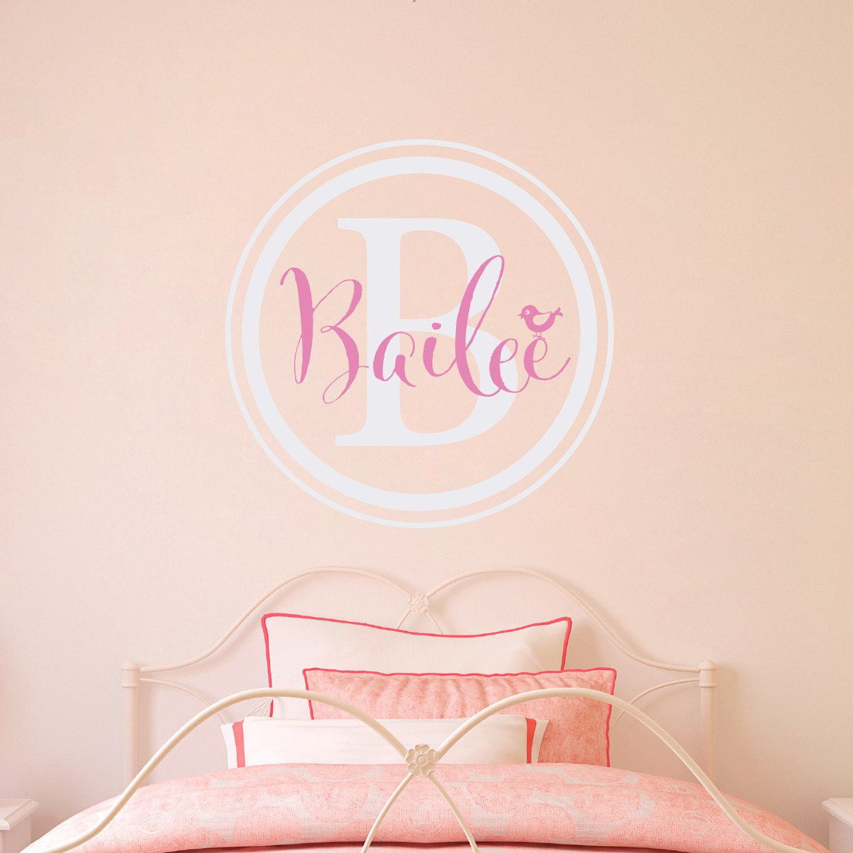 Girl Initial Circle Wall Decal with bird Personalized Decal | Etsy