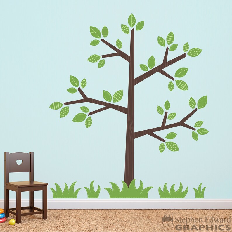 Tree Decal With Leaves & Grass Patches Children Wall Decal | Etsy