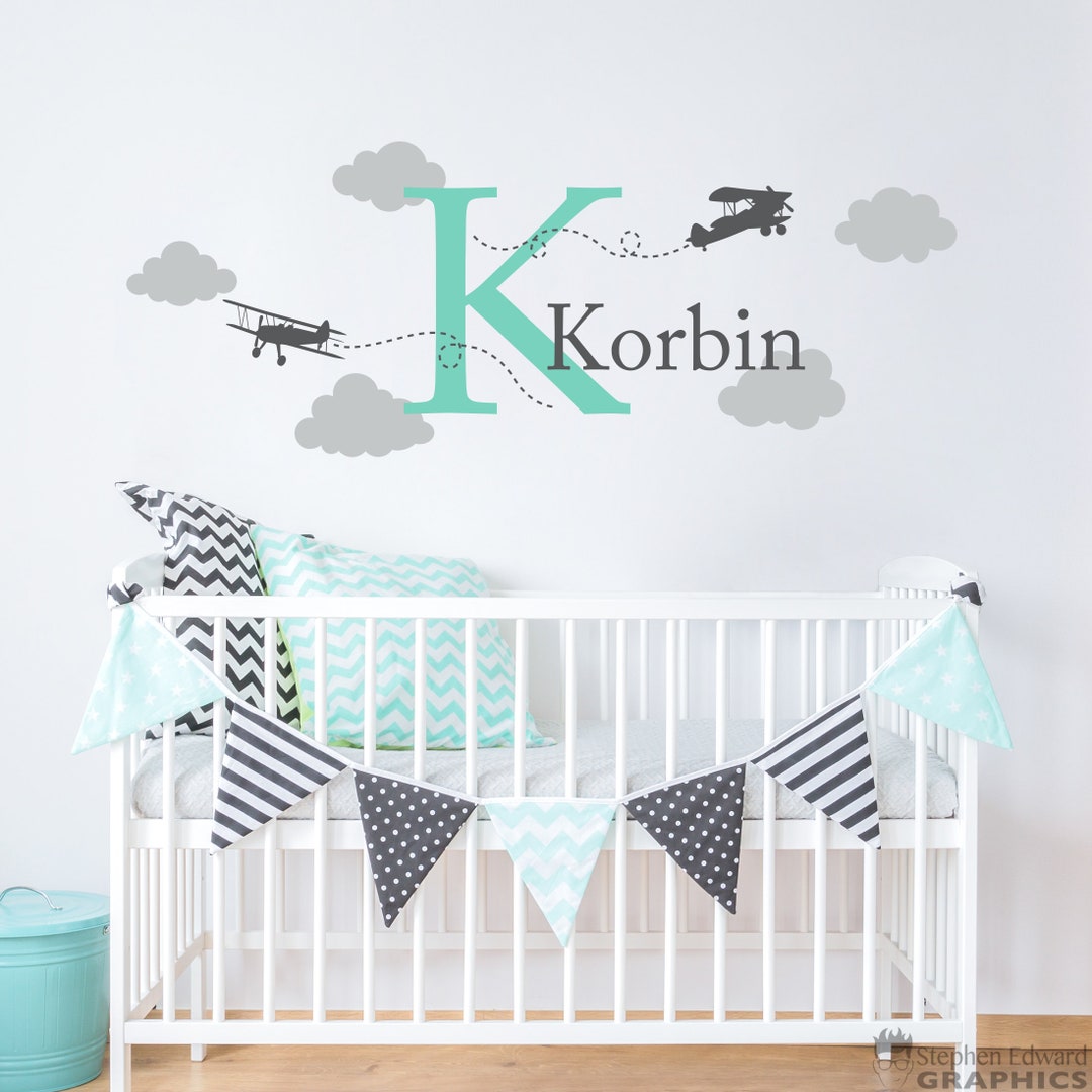 Airplane Decal Set With Initial, Name, Clouds Personalized Boy Name ...