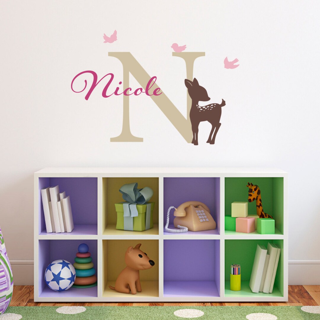 Fawn Decal With Custom Initial Name and Birds Deer Wall - Etsy