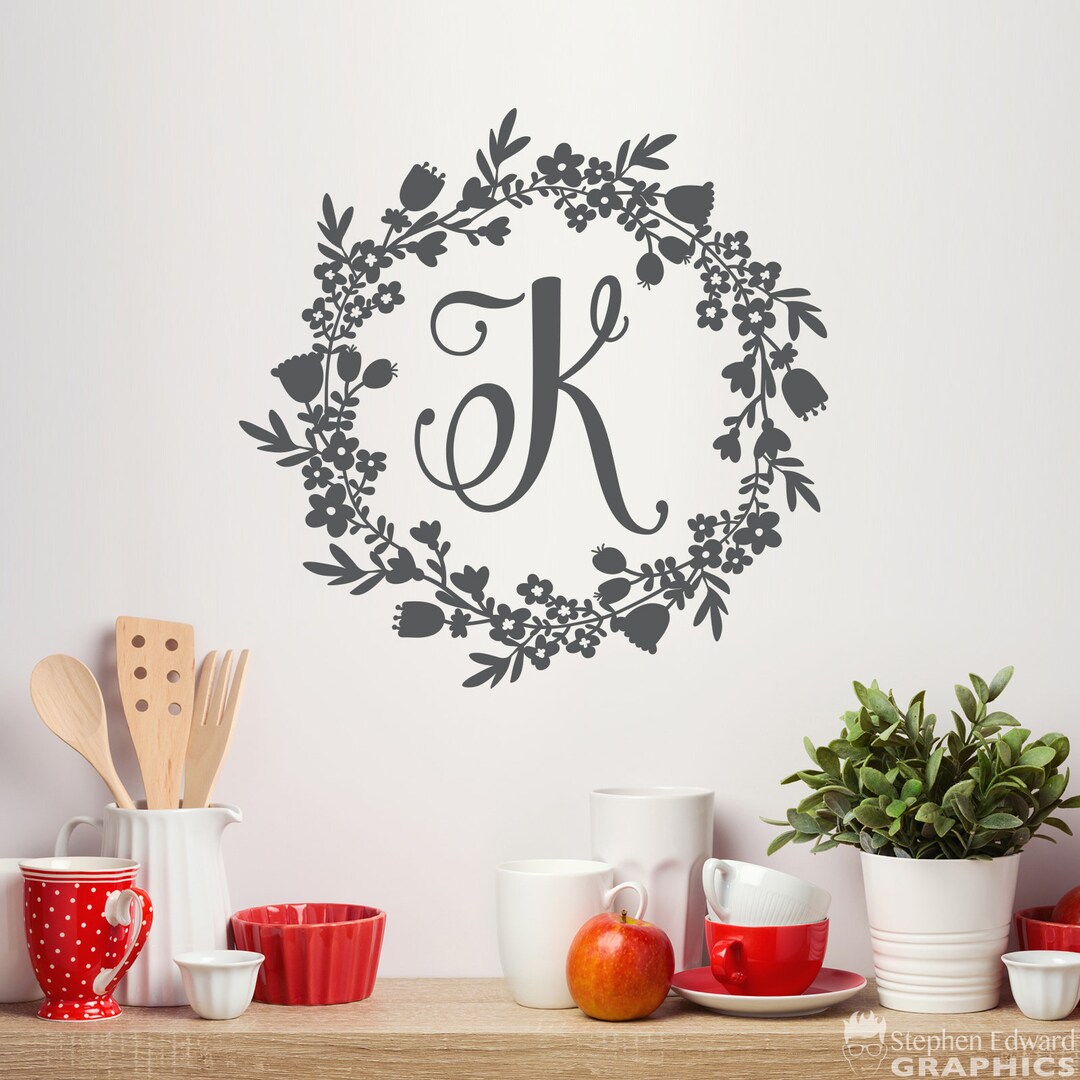 Initial Flower Wreath Decal | Personalized Floral Wall Decal ...