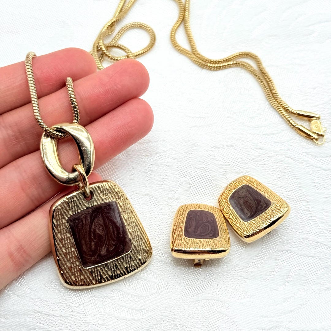 Vintage Ernst Gideon Bek Germany Brown Enamel Earrings and 29” Pendant ...