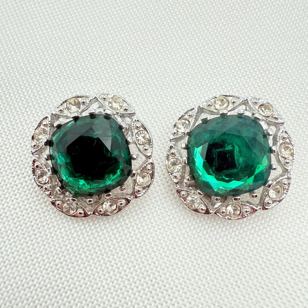 Vintage 60s Sarah Coventry Emerald Green & Clear Rhinestones Silver ...