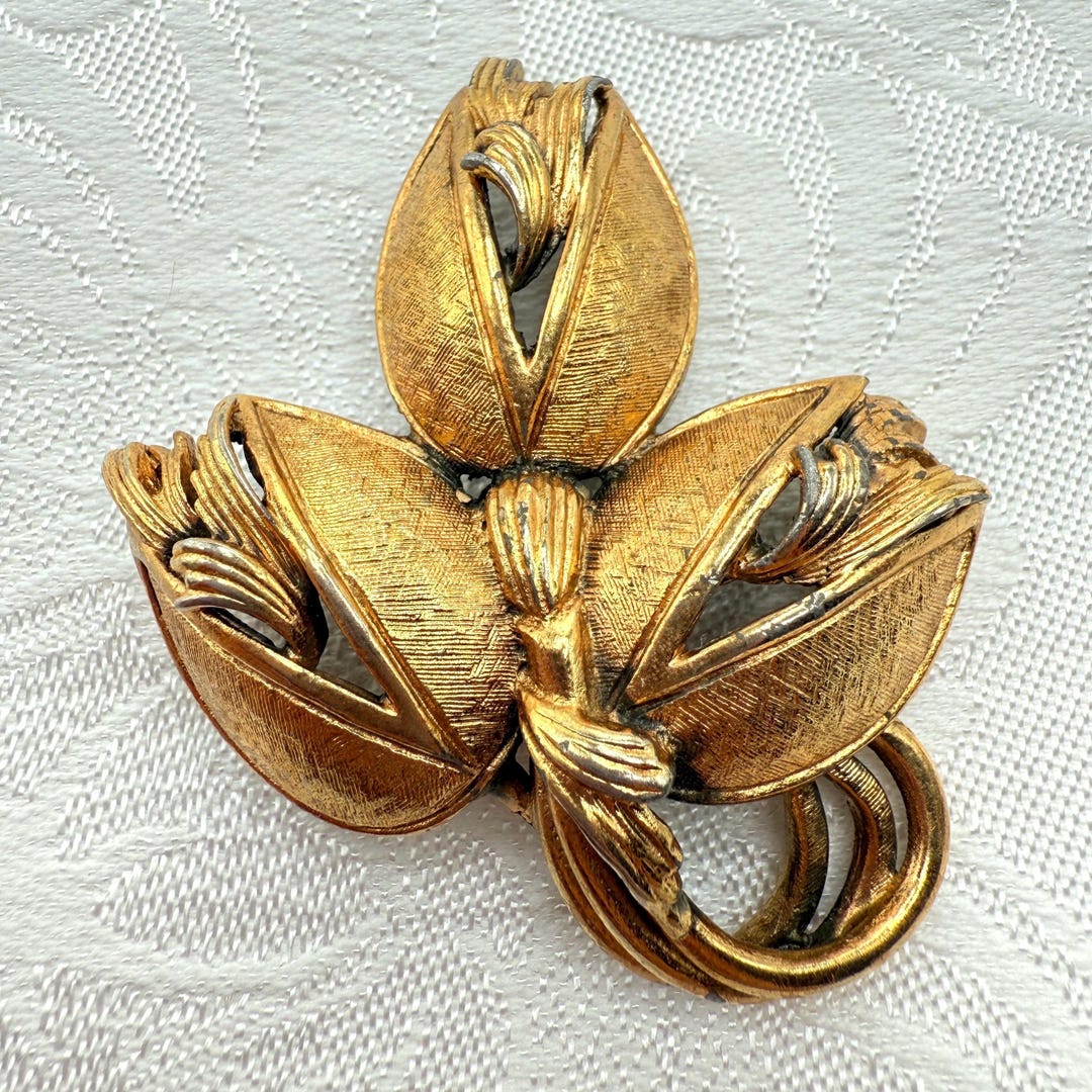 Vintage Tortolani Signed Sculptural Flower Bud Pin - Bronzed Gold Tone ...