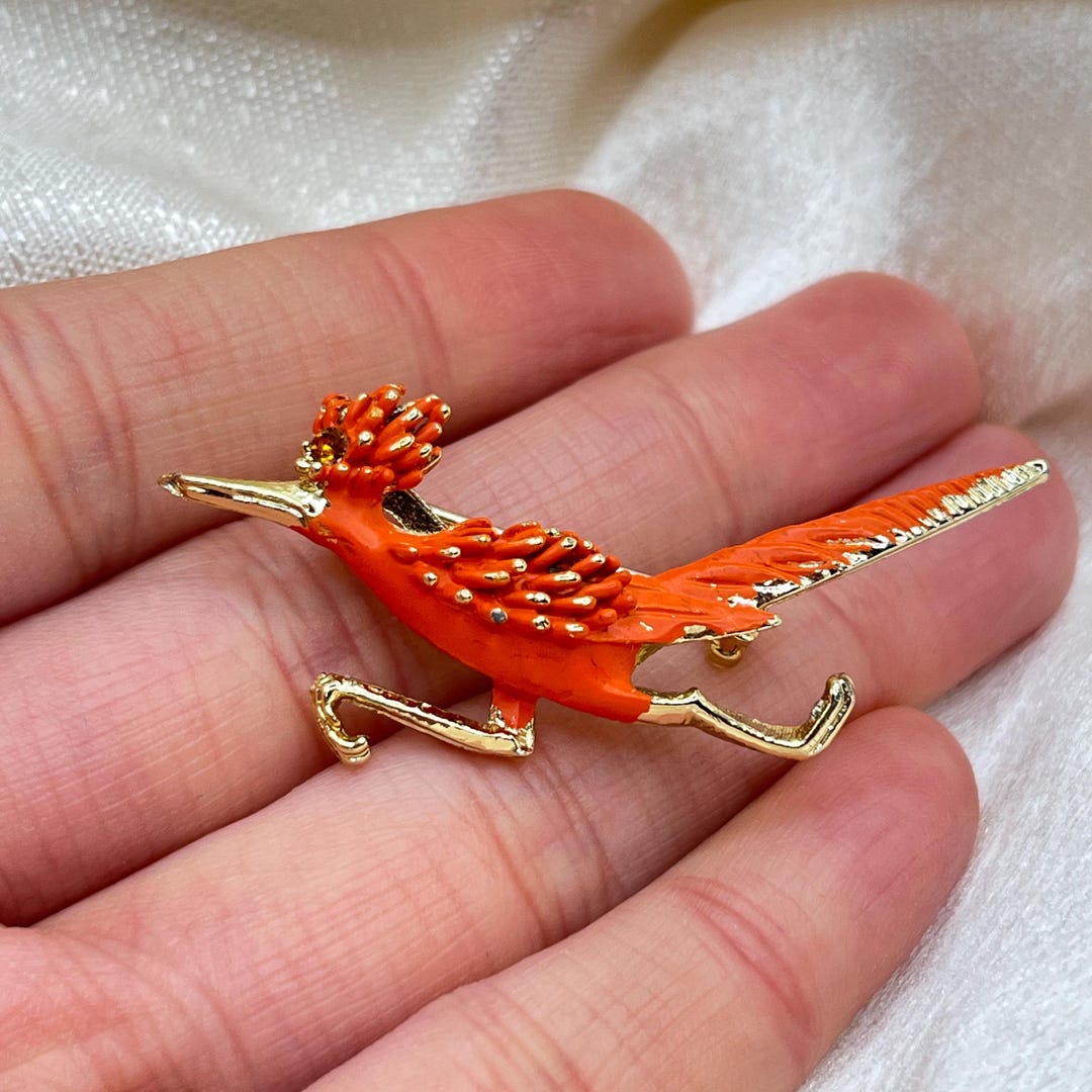 Vintage Red Orange Roadrunner Bird Rhinestone Eye and Gold Tone Brooch ...