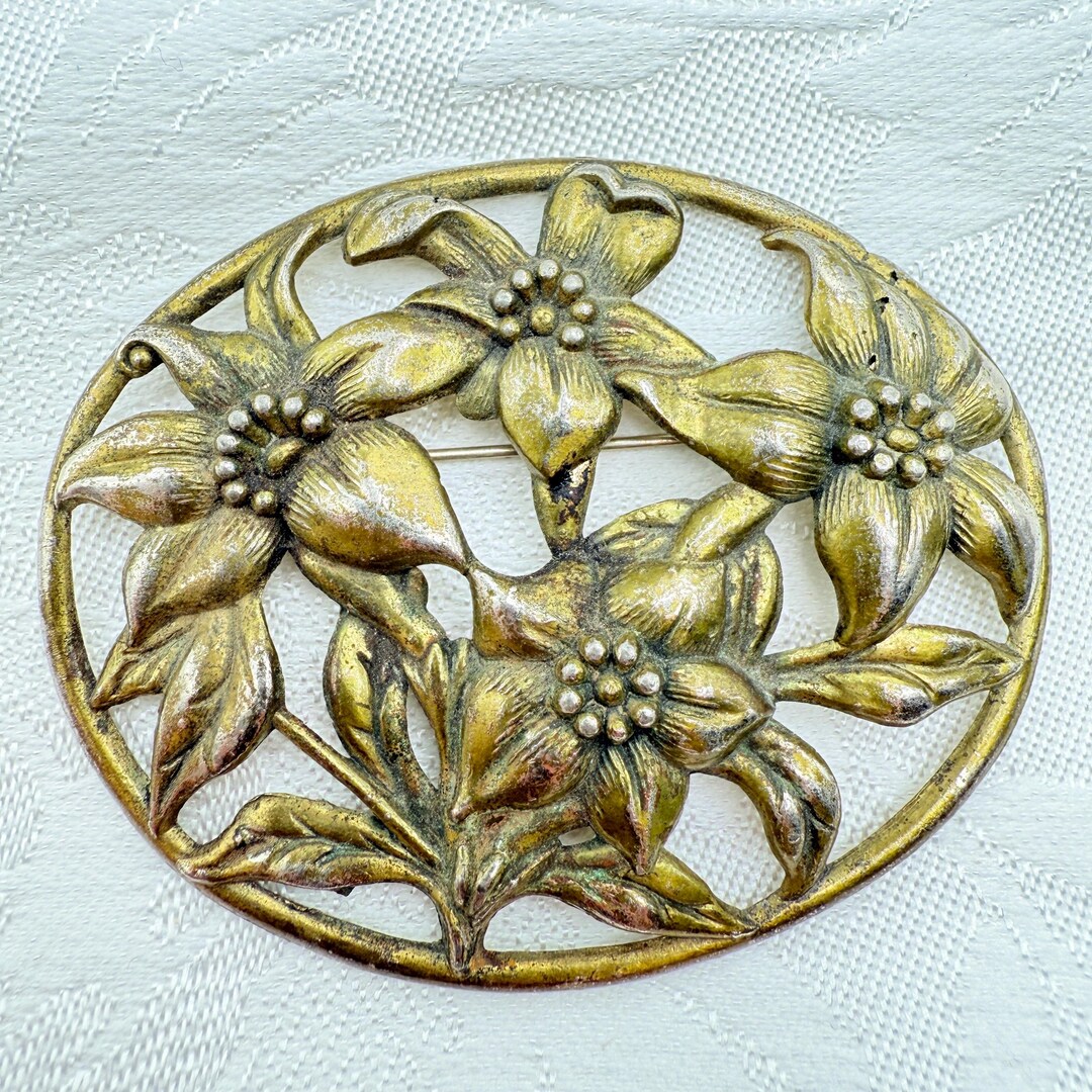 Vintage Little Nemo 40s Art Deco Oval Floral Flower Gold Tone Pot Metal ...