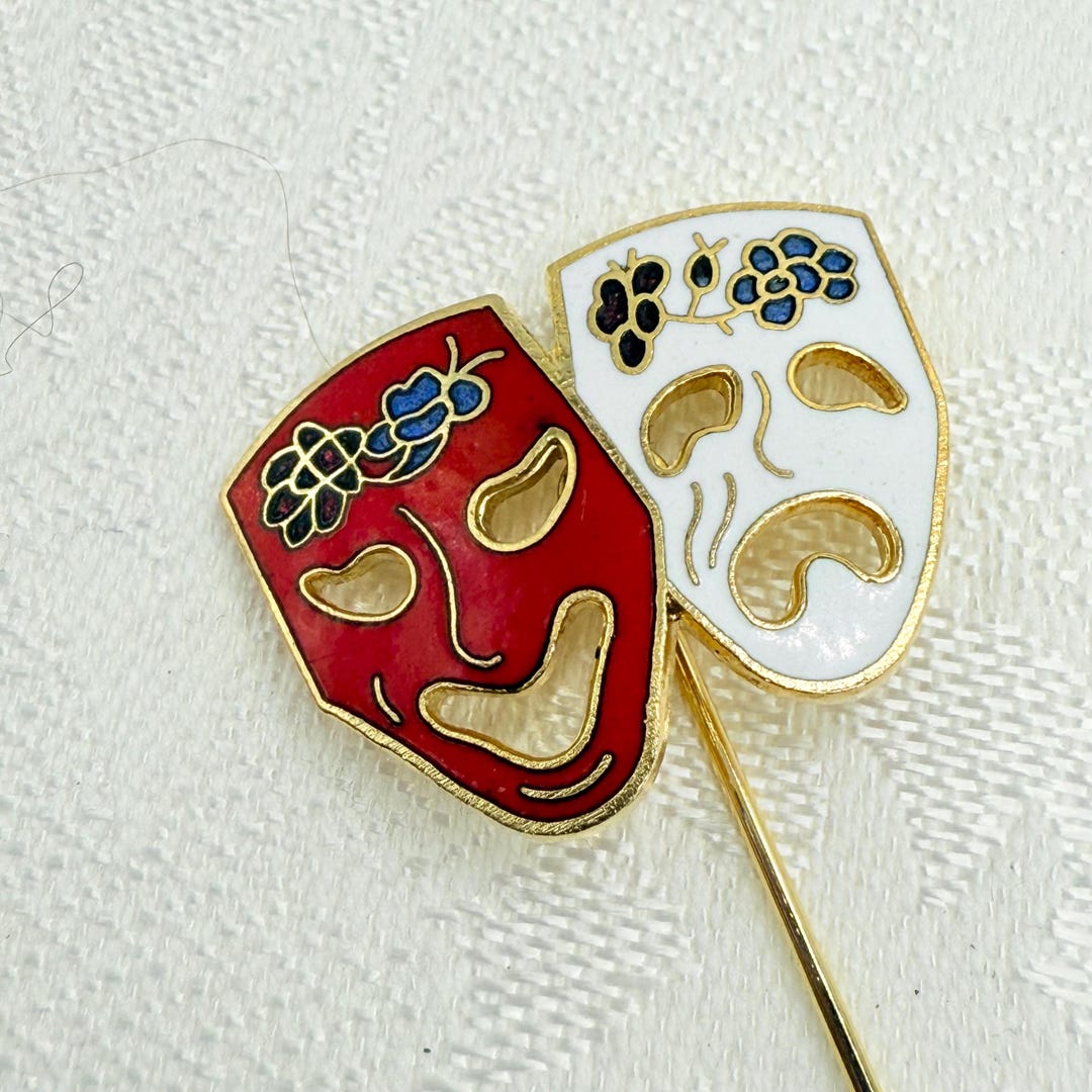 Vintage Tragedy Comedy Faces Brooch Enamel Stick Hat Pin, Red and Gold ...