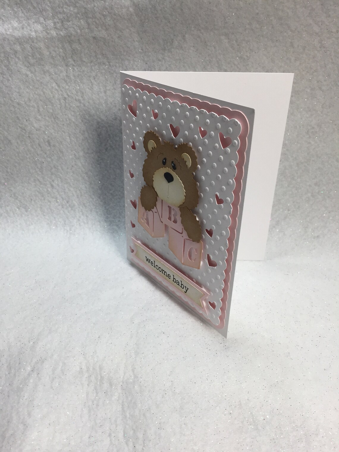 Baby Girl Brown Bear Alphabet Block Welcome Baby Shower Greeting Card ...