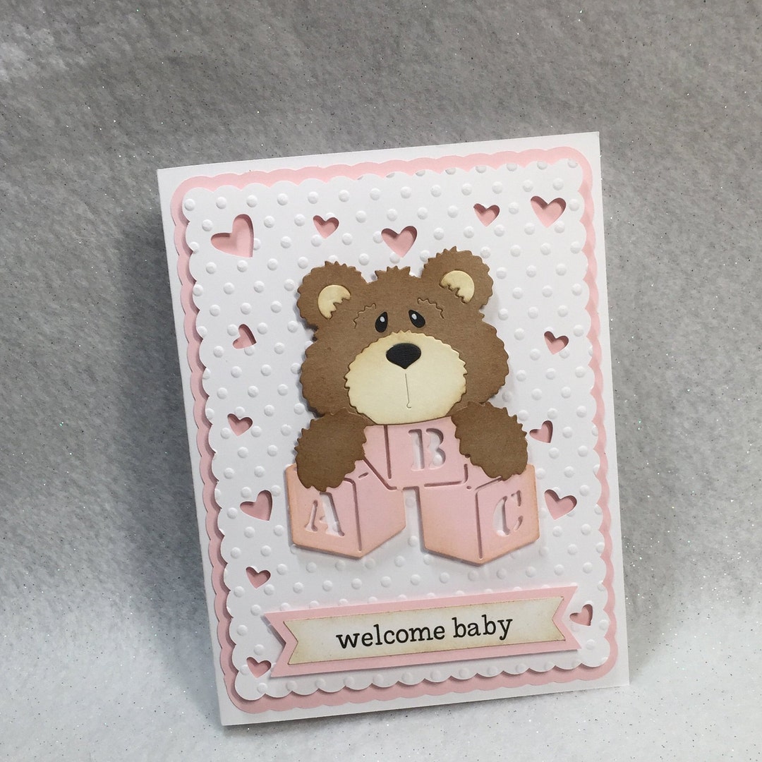 Baby Girl Brown Bear Alphabet Block Welcome Baby Shower Greeting Card ...